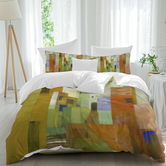Abstracts Painting Buildings Queen Duvet Cover Set, Yellow Green Orange ...