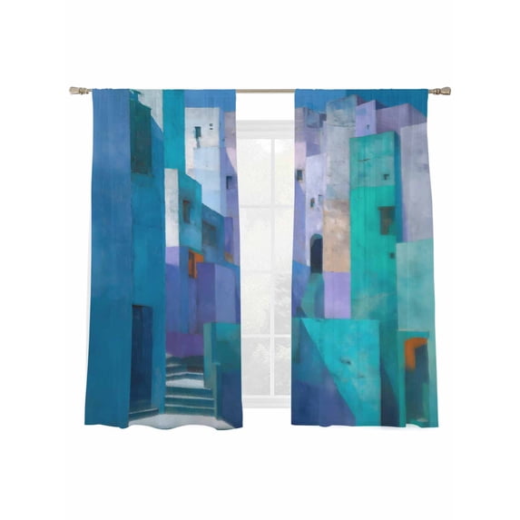 Abstracts Painting Buildings Sheer Curtains 2 Panels Set Blue Green ...
