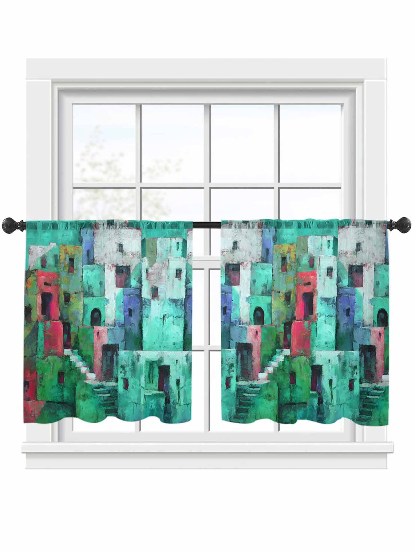 Abstracts Painting Buildings Sheer Curtains 2 Panels Set Green Red ...