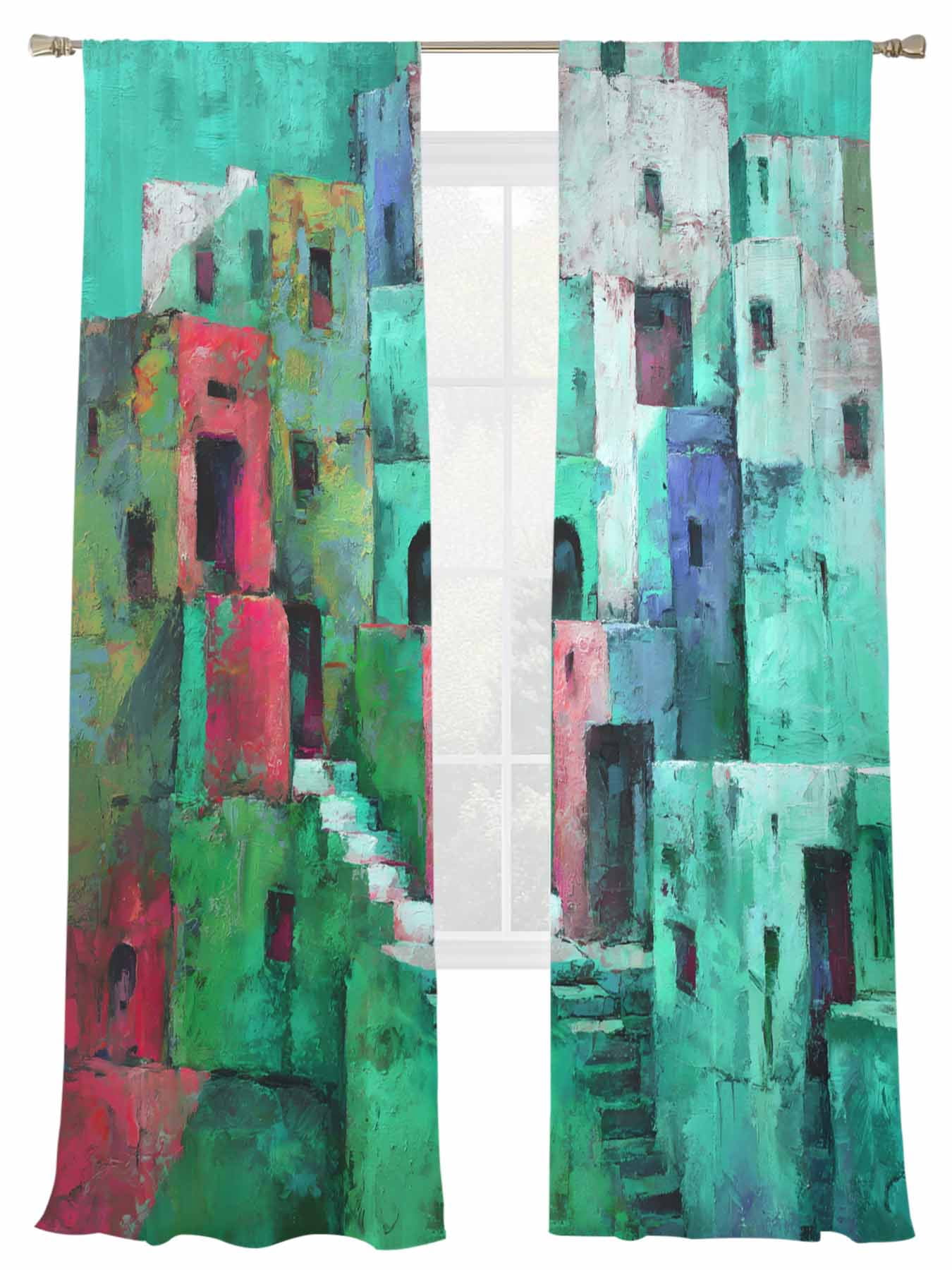 Abstracts Painting Buildings Sheer Curtains 2 Panels Set Green Red ...