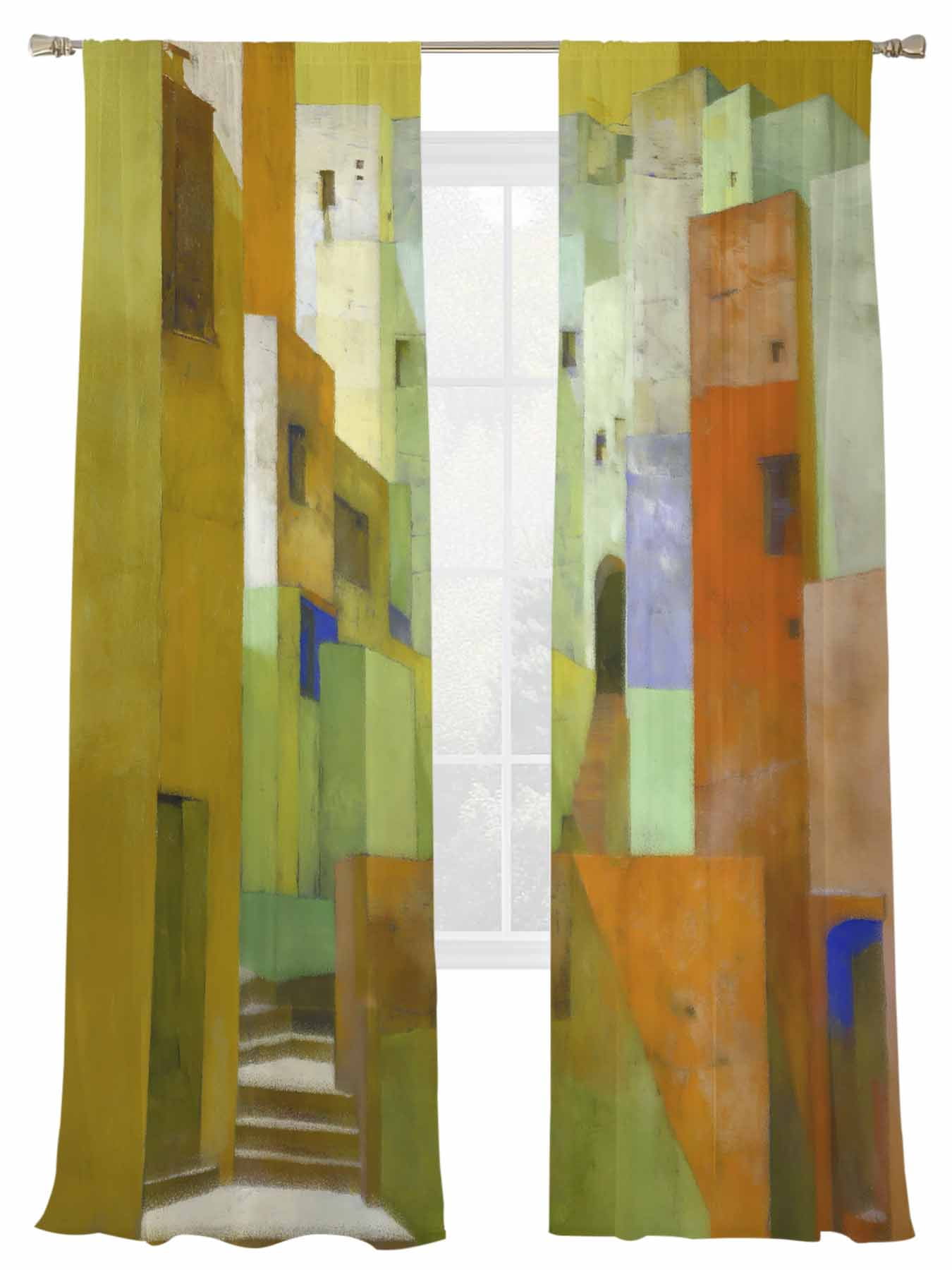 Abstracts Painting Buildings Sheer Curtains 2 Panels Set Yellow Green ...