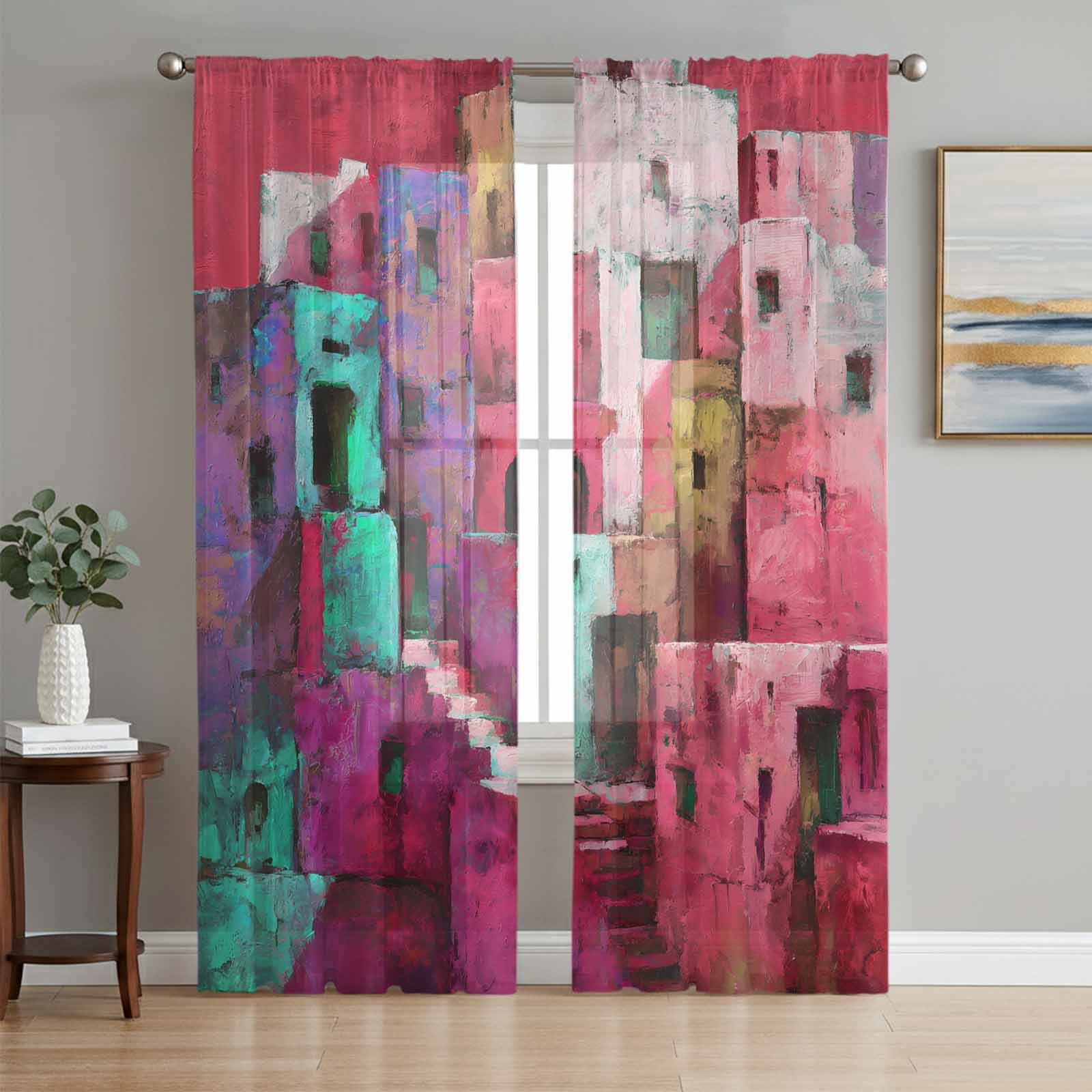 Abstracts Painting Buildings Sheer Curtains for Living Room Bedroom ...