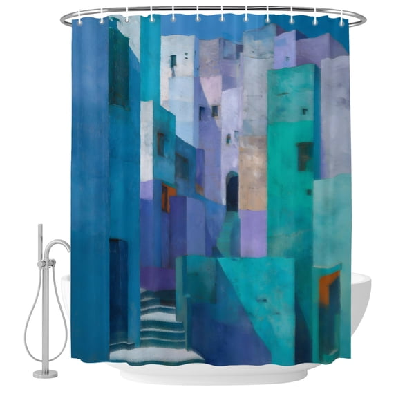 Abstracts Painting Buildings Shower Curtain for Bathroom, Blue Green ...