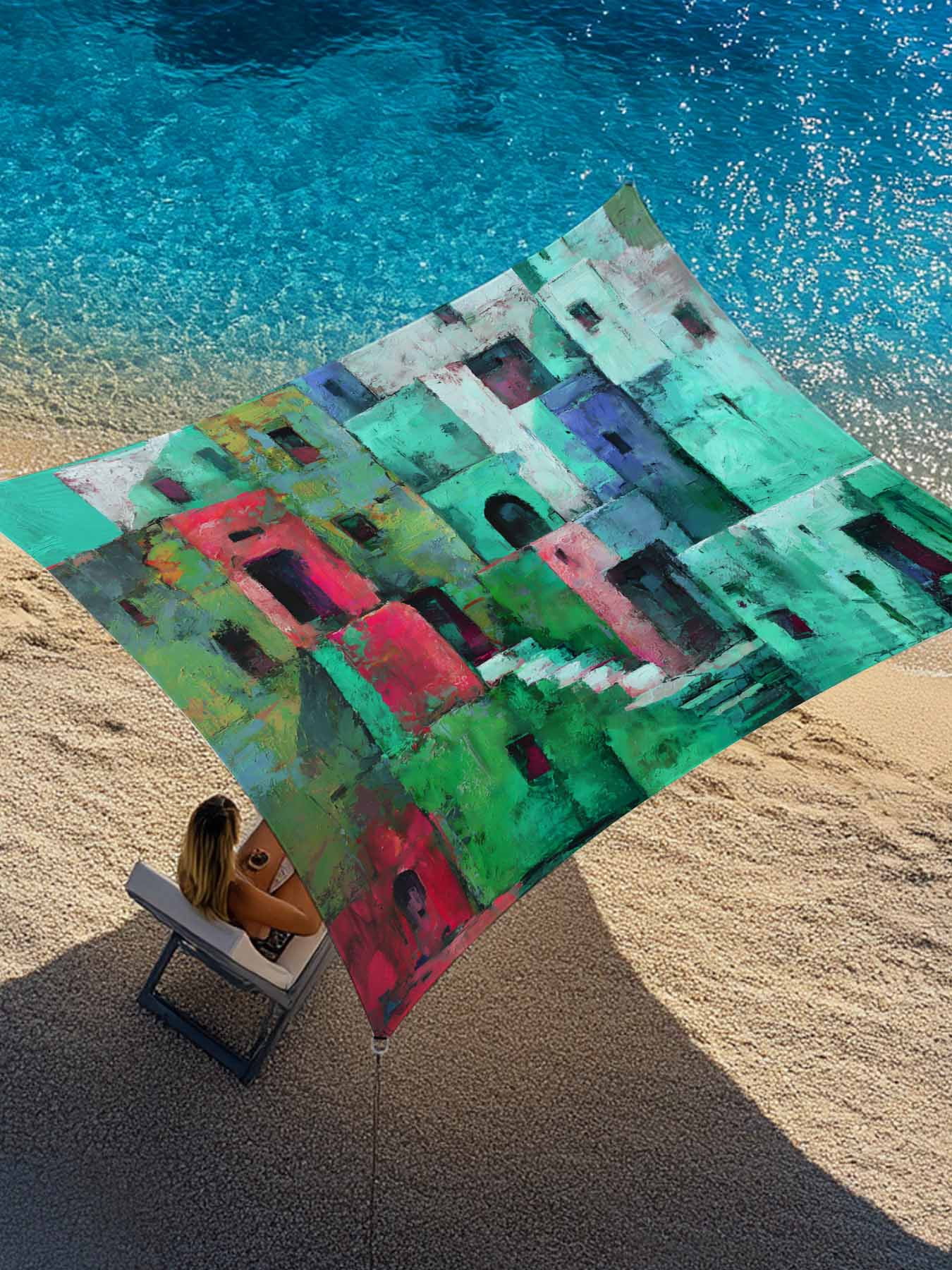 Abstracts Painting Buildings Sun Shade Sail 14' x 18', Green Red Yellow ...