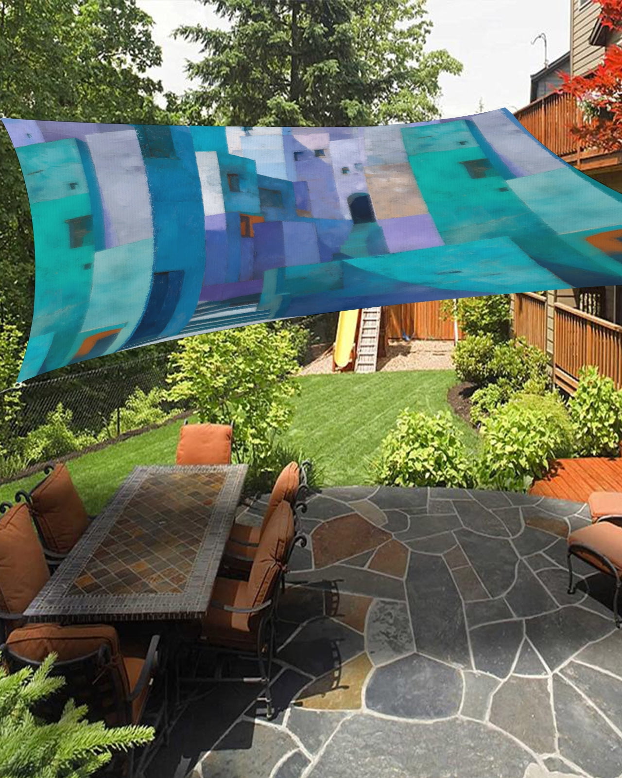 Abstracts Painting Buildings Sun Shade Sail 6.5'X10' Blue Green Purple ...