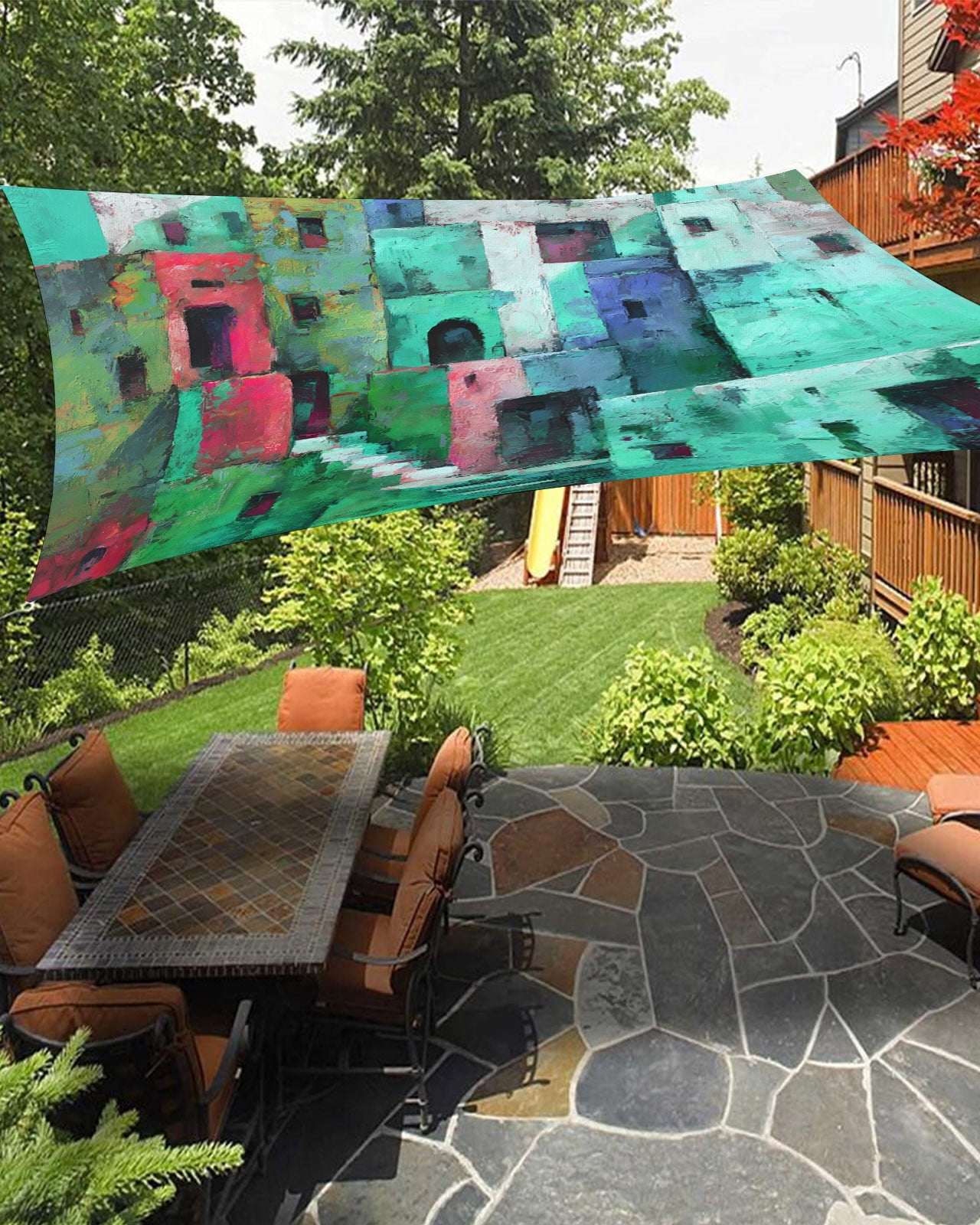 Abstracts Painting Buildings Sun Shade Sail 6.5'X10' Green Red Yellow ...