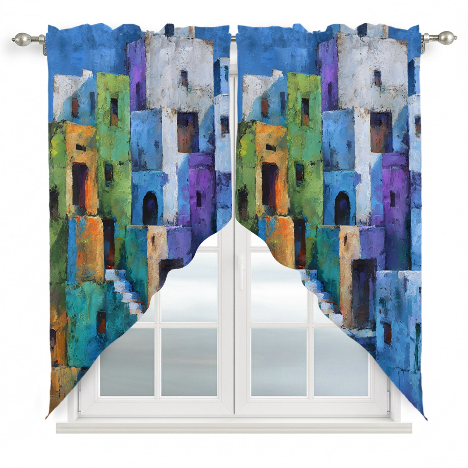 Abstracts Painting Buildings Swag Curtain Valance for Window 2 Panels ...