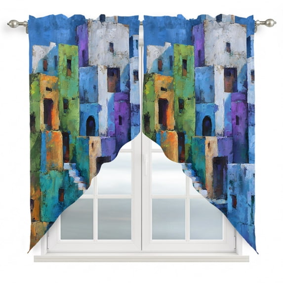 Abstracts Painting Buildings Swag Curtain Valance for Window 2 Panels ...
