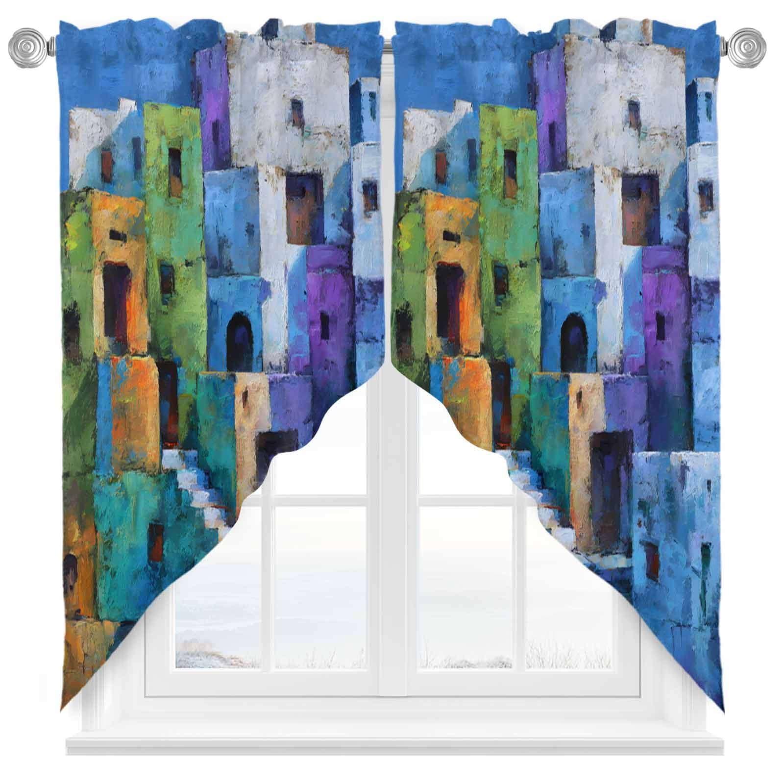 Abstracts Painting Buildings Swag Kitchen Curtain Valances, Blue Green ...