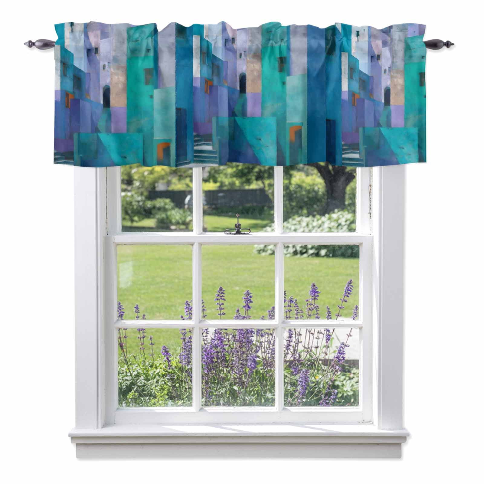 Abstracts Painting Buildings Valances for Windows Blue Green Purple ...