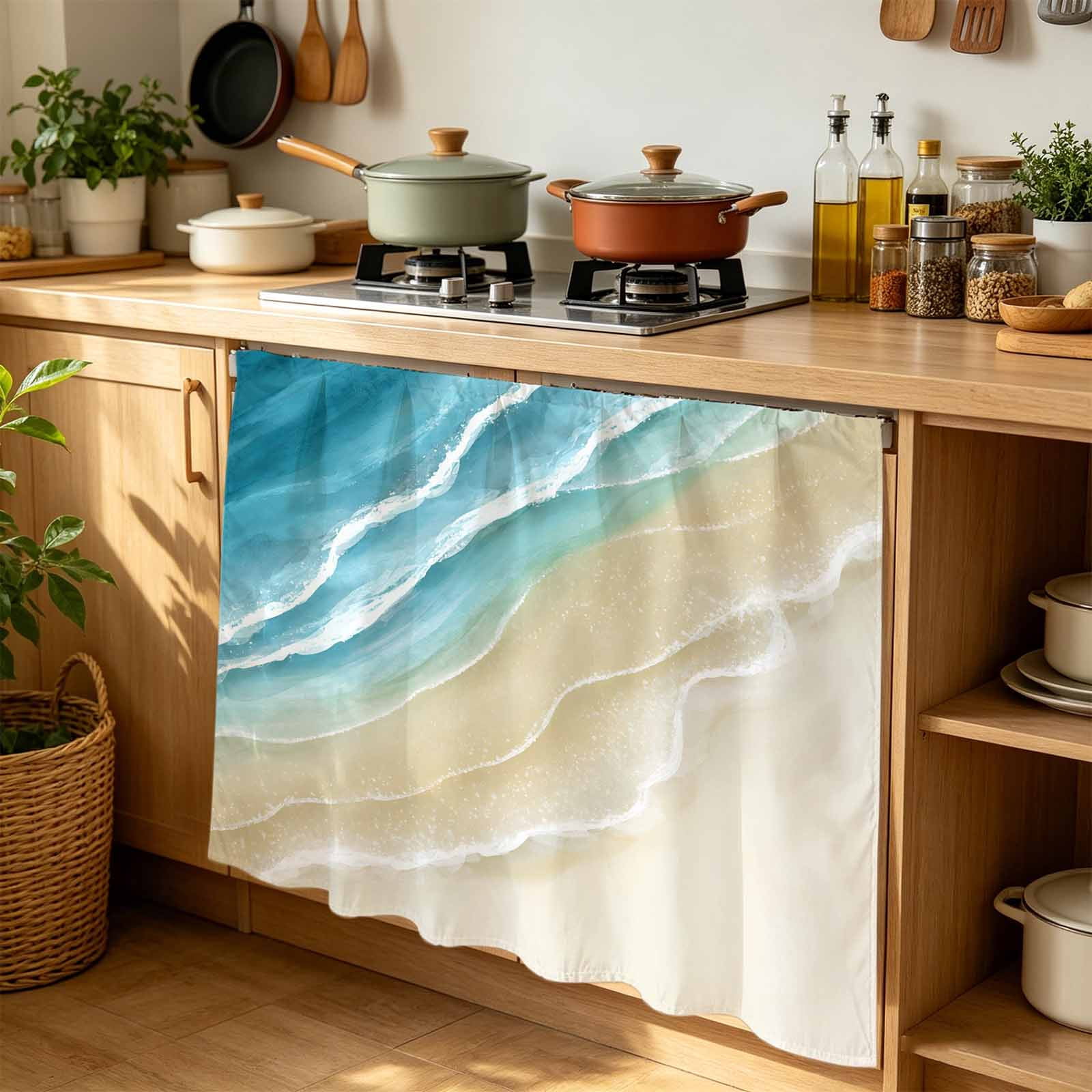 Abstracts Sandy Beach Cabinet Curtains 35" W x 35" L Teal Blue Beige ...