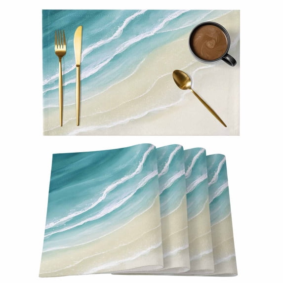 Abstracts Sandy Beach Cotton Linen Placemats Set of 6, Teal Beige ...