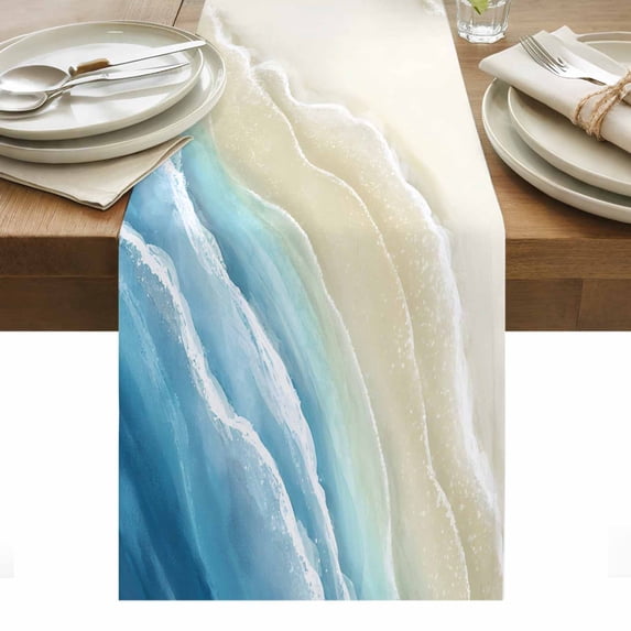 Abstracts Sandy Beach Cotton Linen Table Runner Blue Beige Gradient ...