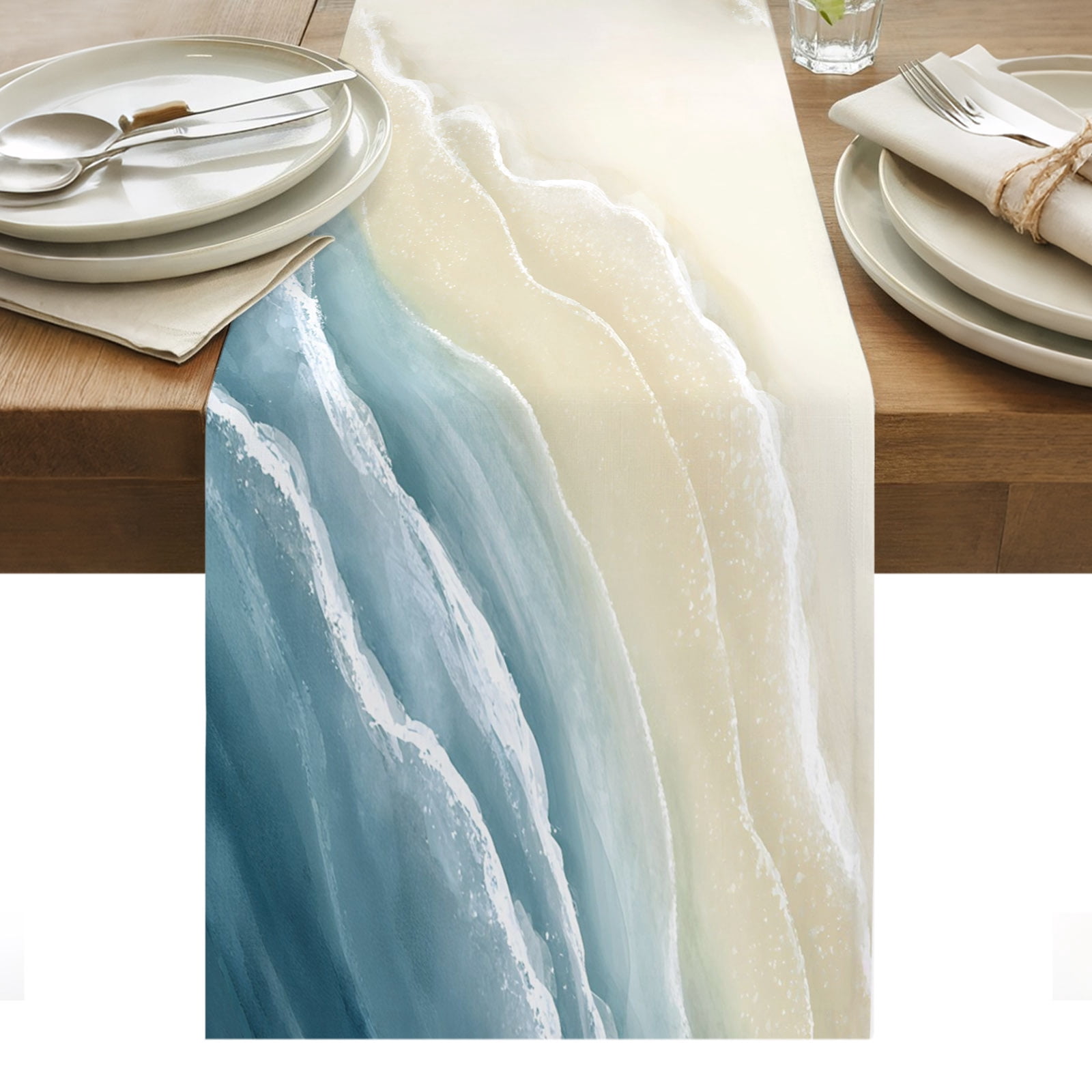 Abstracts Sandy Beach Cotton Linen Table Runner Grey Blue Beige ...