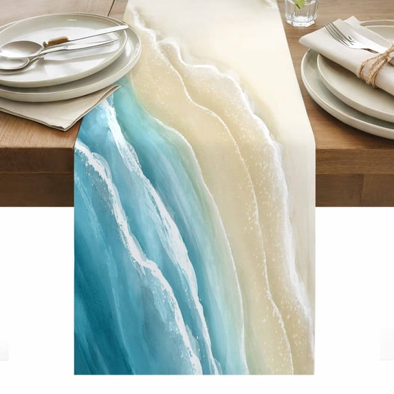 Abstracts Sandy Beach Cotton Linen Table Runner Teal Blue Beige ...
