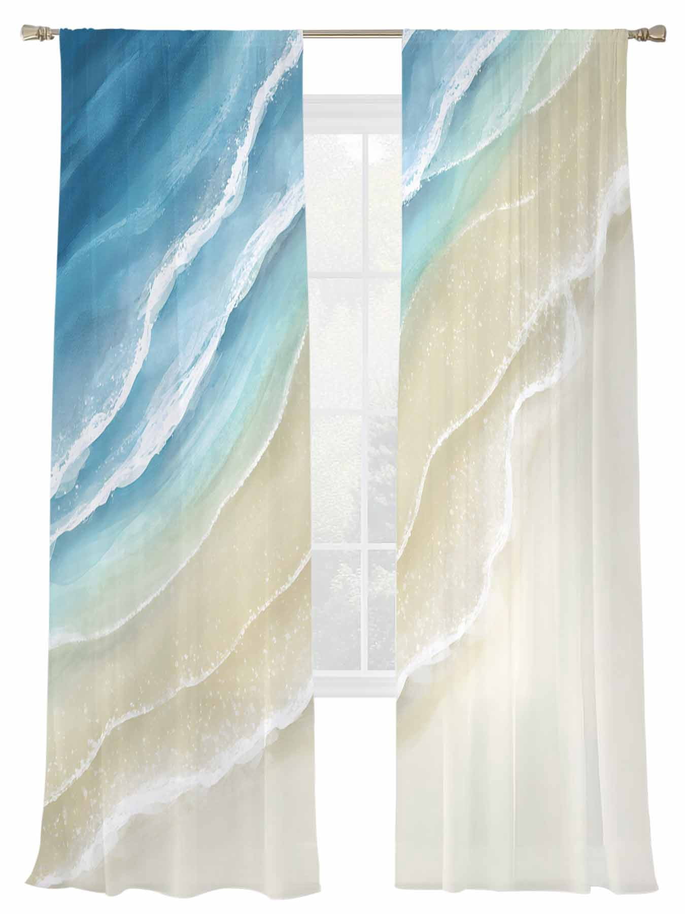 Abstracts Sandy Beach Sheer Curtains 2 Panels Set Blue Beige Gradient ...