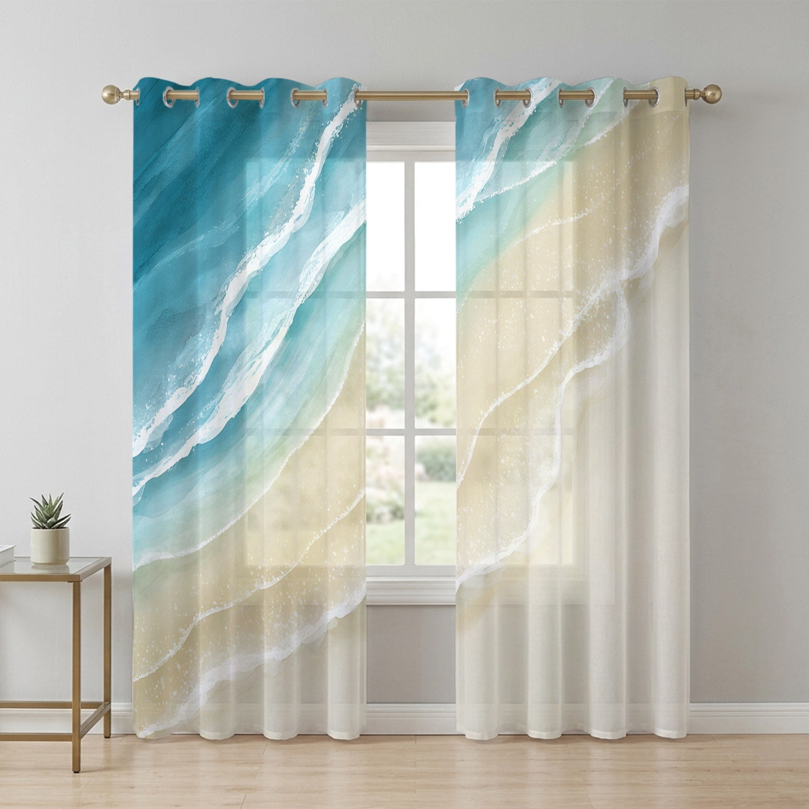 Abstracts Sandy Beach Sheer Curtains 84 Inch Long 2 Panels, Teal Blue ...