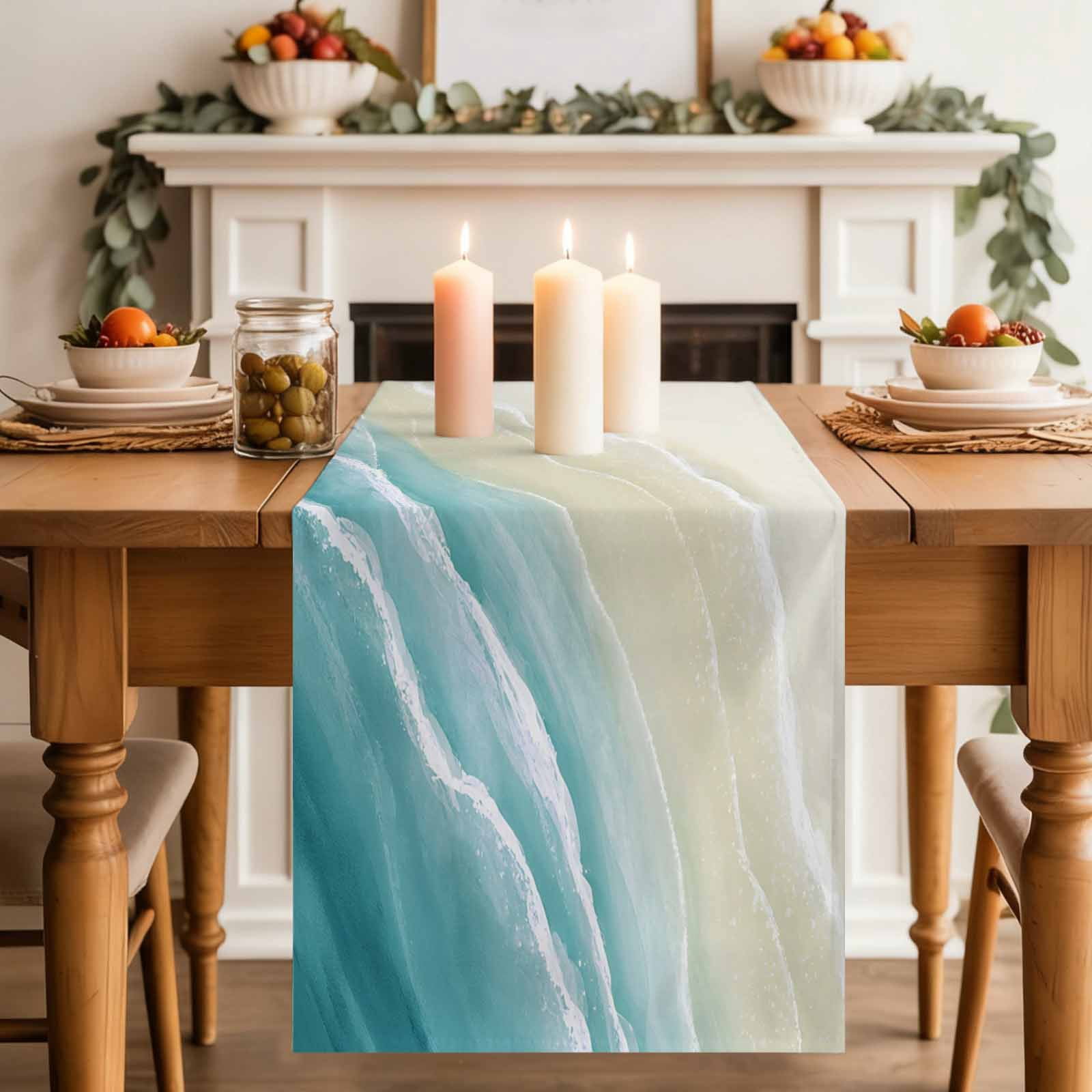 Abstracts Sandy Beach Table Runner, Teal Beige Gradient Seaside Ocean ...