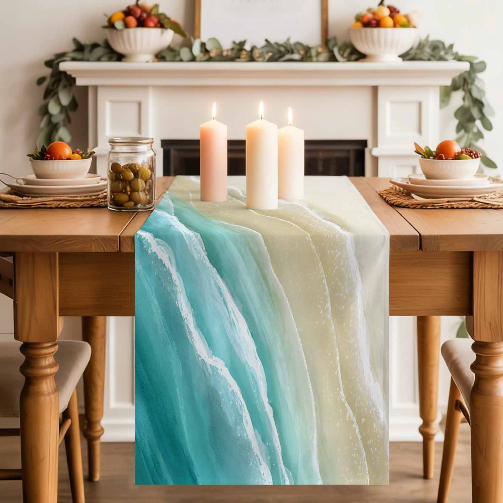 Abstracts Sandy Beach Table Runner, Turquoise Beige Gradient Ocean Wave ...