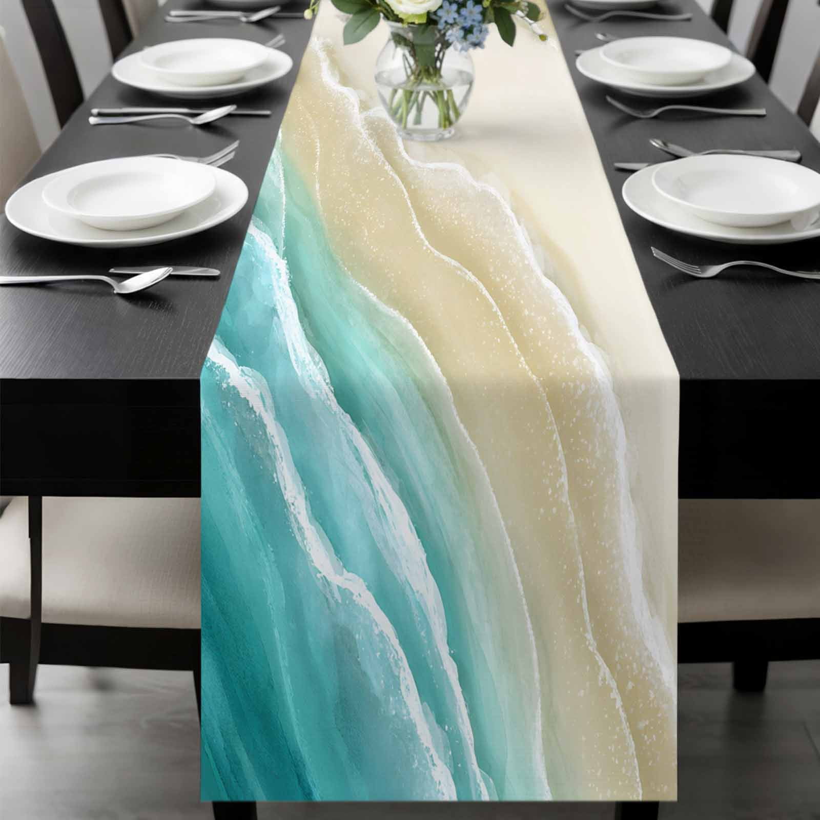 Abstracts Sandy Beach Table Runner, Turquoise Beige Gradient Ocean Wave ...