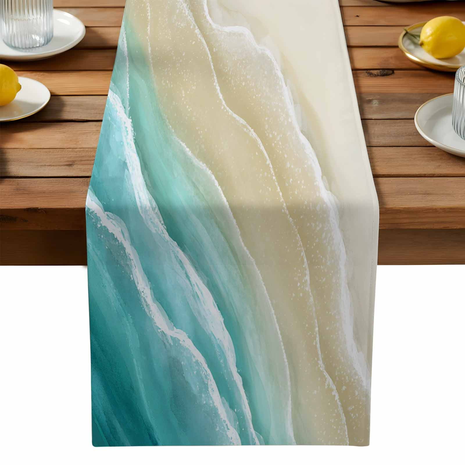 Abstracts Sandy Beach Table Runner, Turquoise Beige Gradient Ocean Wave ...