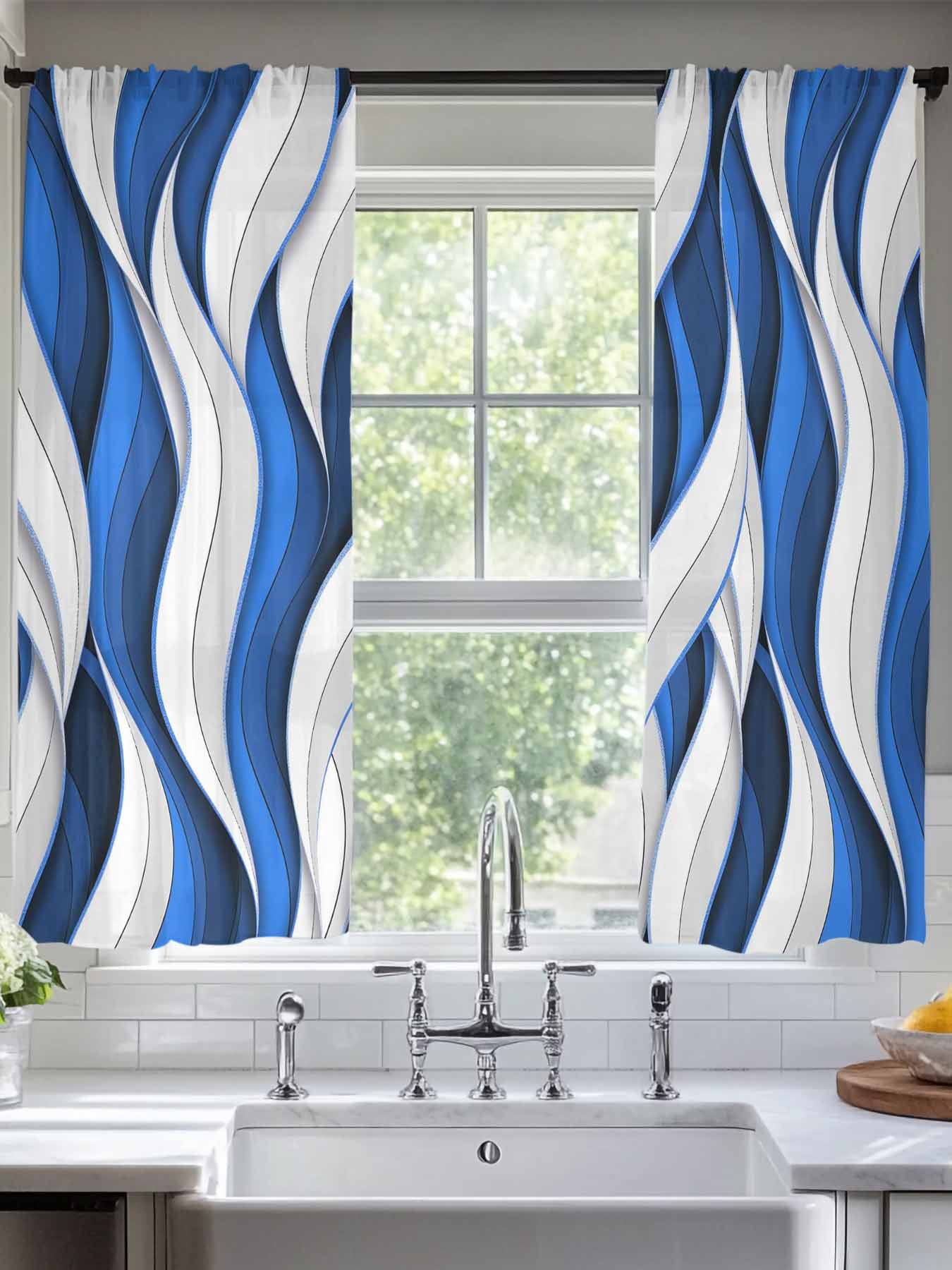 Abstracts Twists Lines Chiffon Sheer Curtains 63 Inches Long, Blue ...