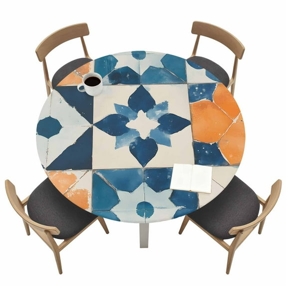 Abstrct Color Block Round Fitted Tablecloth with Elastic Edge Orange ...