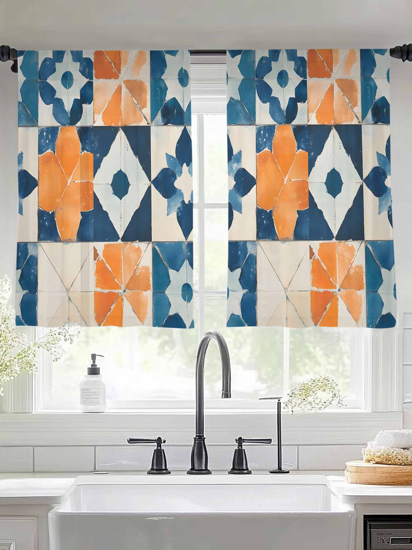 Abstrct Color Block Sheer Curtains 45 Inches Long 2 Panels Orange Blue ...