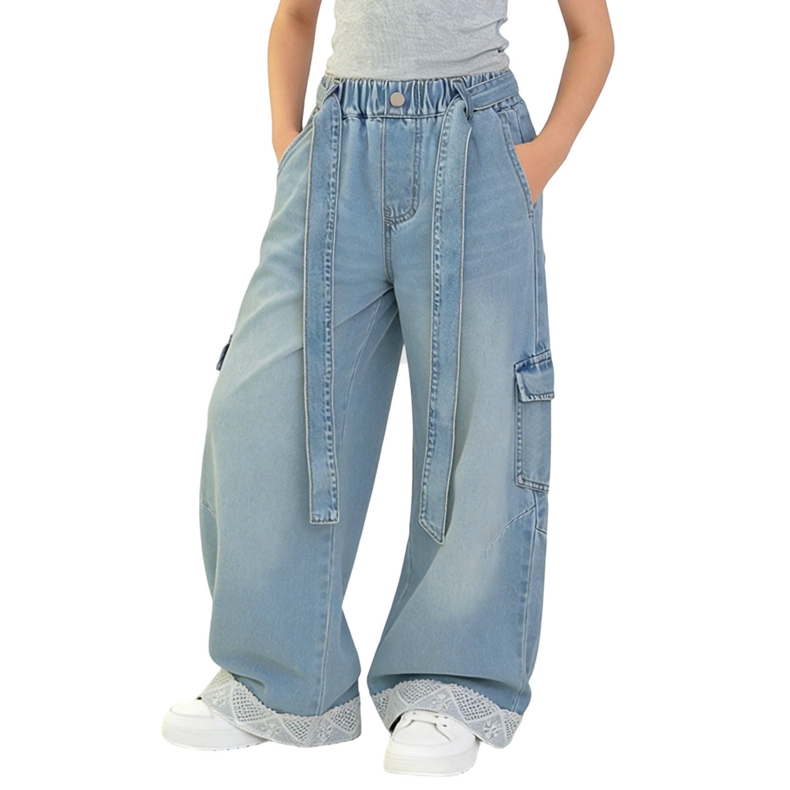 Abtuhar Kids Girls Elastic Waist Denim Cargo Pants Wide Leg Lightweight ...