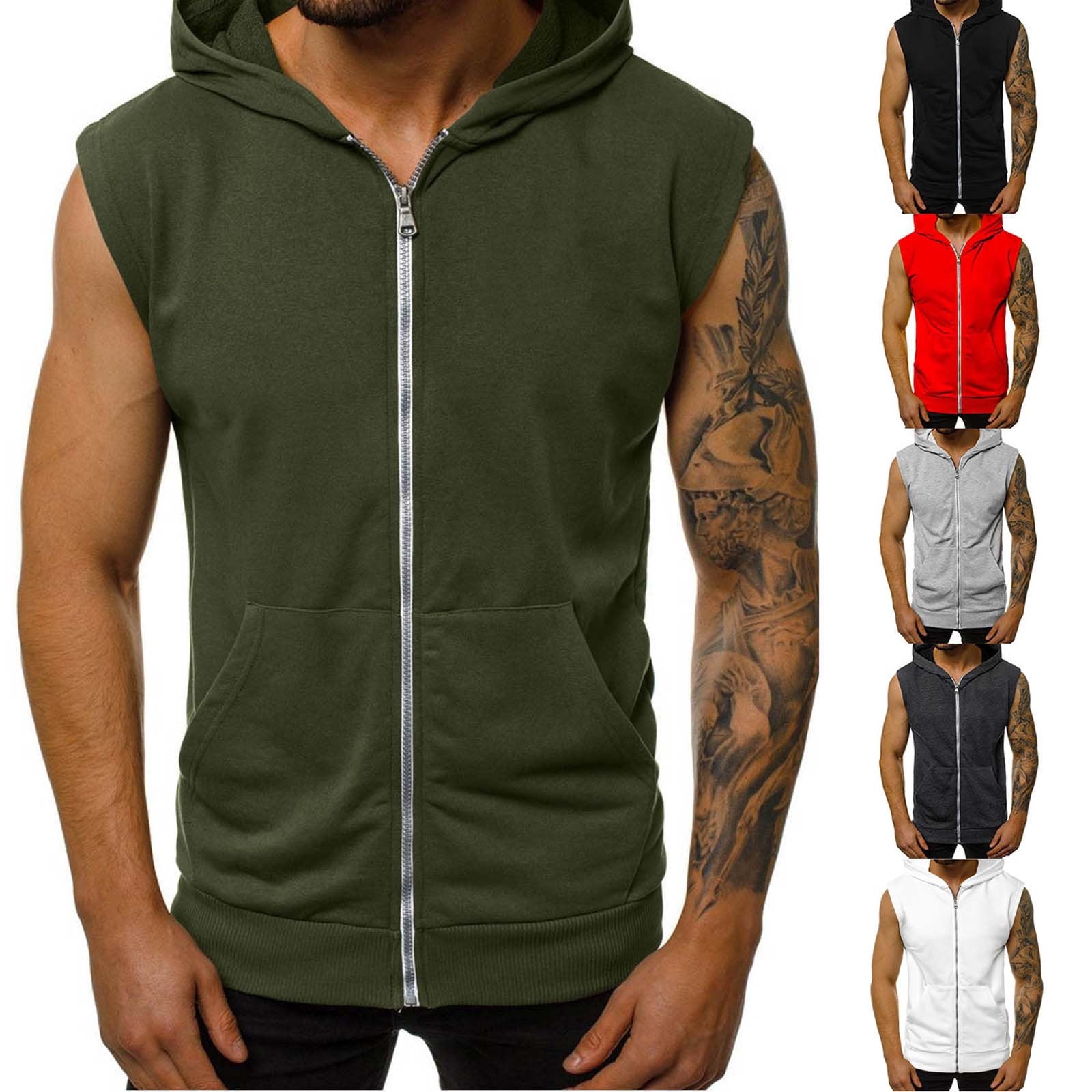 Abtuhar Man Solid Outdoor Summer Sleeveless Zip-Up Hooded With Pockets ...