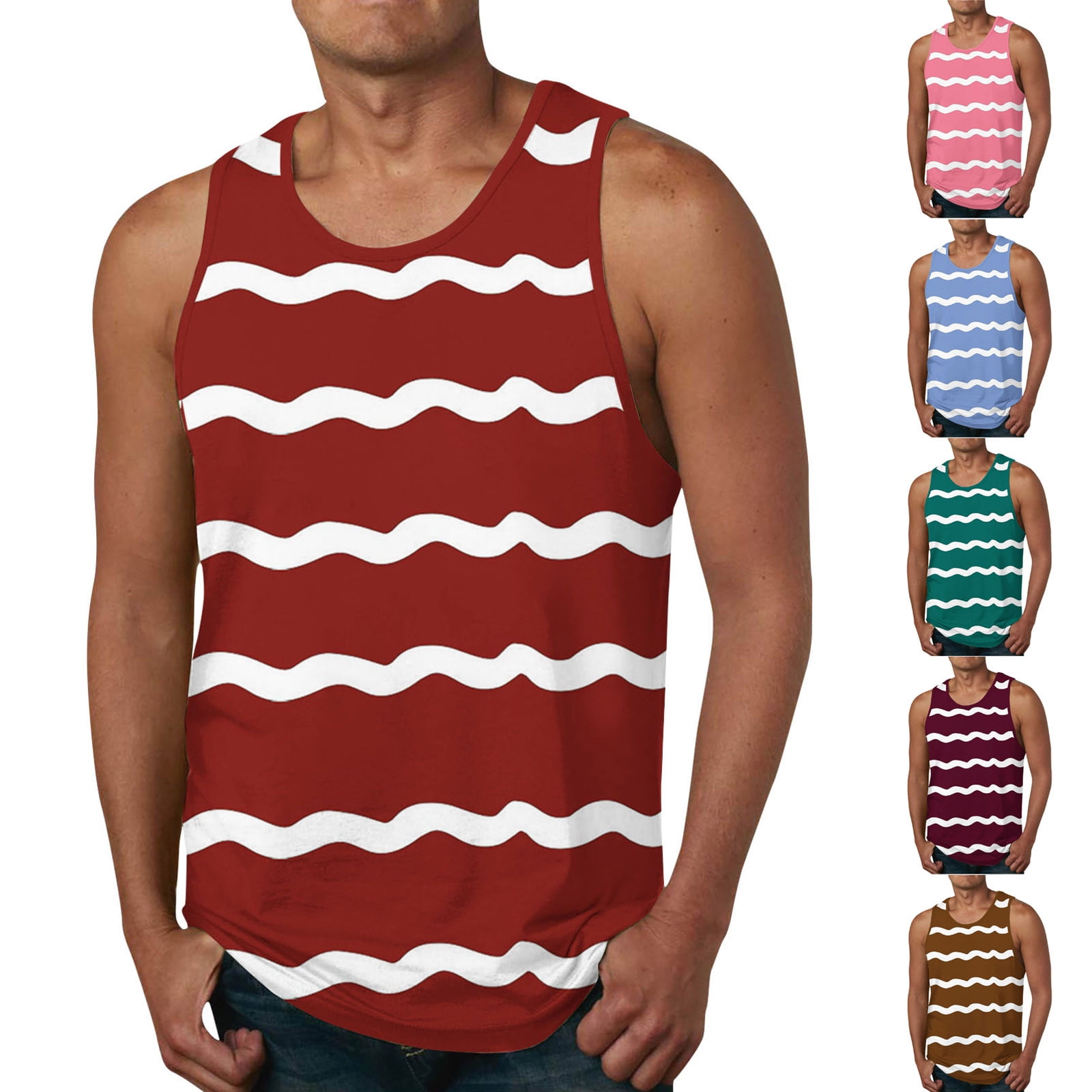 Abtuhar Men Casual Summer Loose Stripe Sport Round Neck Tank Top,Light ...