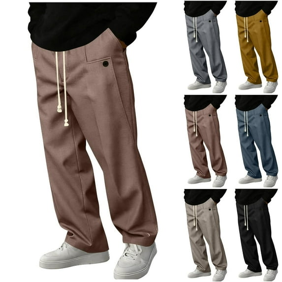 Abtuhar Men Solid Casual Loose Drawstring Button Pocket Straight Tube ...
