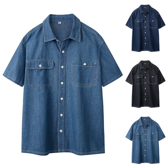 Abtuhar Men Solid Denim Collared Double Pocket Short Sleeve Summer ...