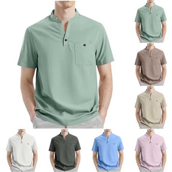 Abtuhar Men Solid Loose V-Neck Button Pocket Breathable Short Sleeve ...