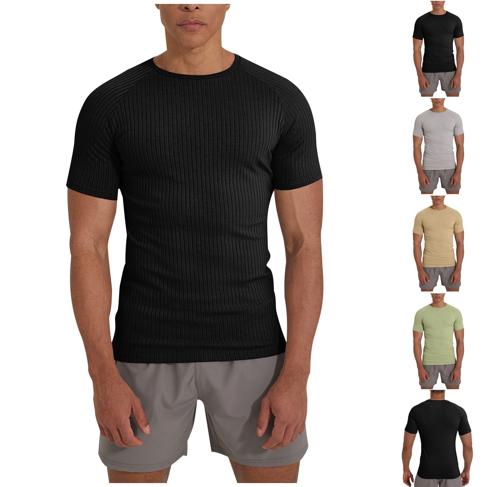 Abtuhar Men Solid Ribbed Raglan Stretch Crewneck Short Sleeve Summer ...
