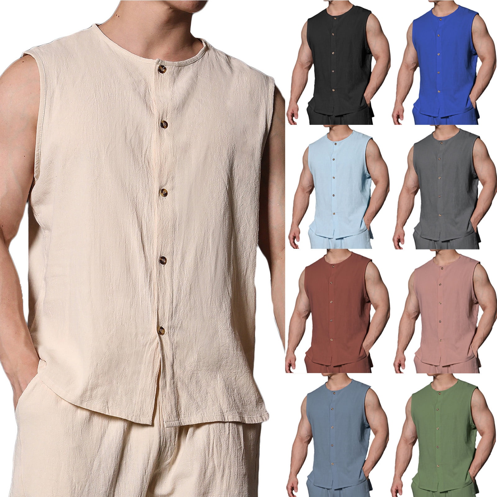 Abtuhar Mens Casual Solid Round Neck Sleeveless Button Up Cardigan Tank ...