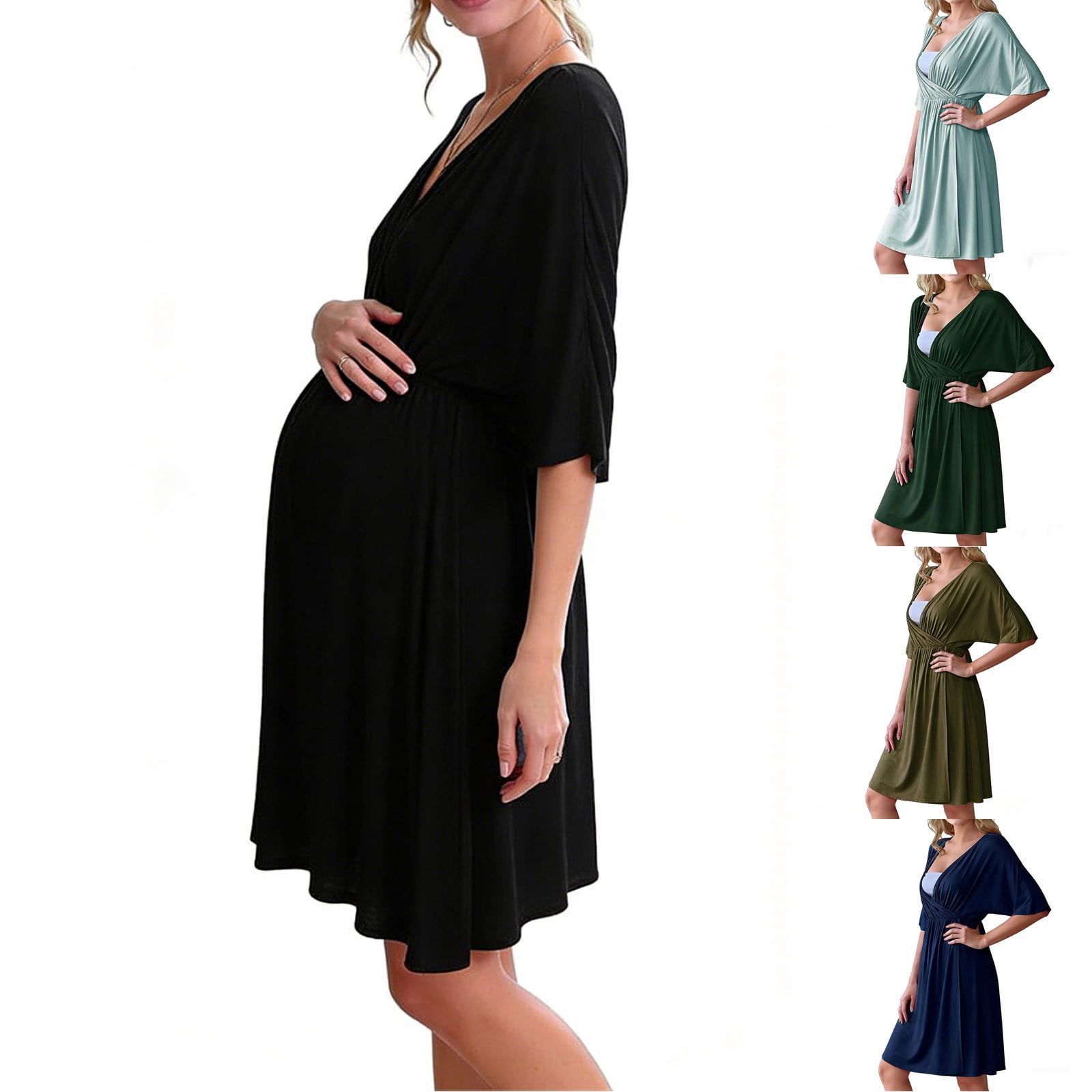 Abtuhar Maternity Summer Solid Short Sleeve V-Neck Knee-High Beach ...