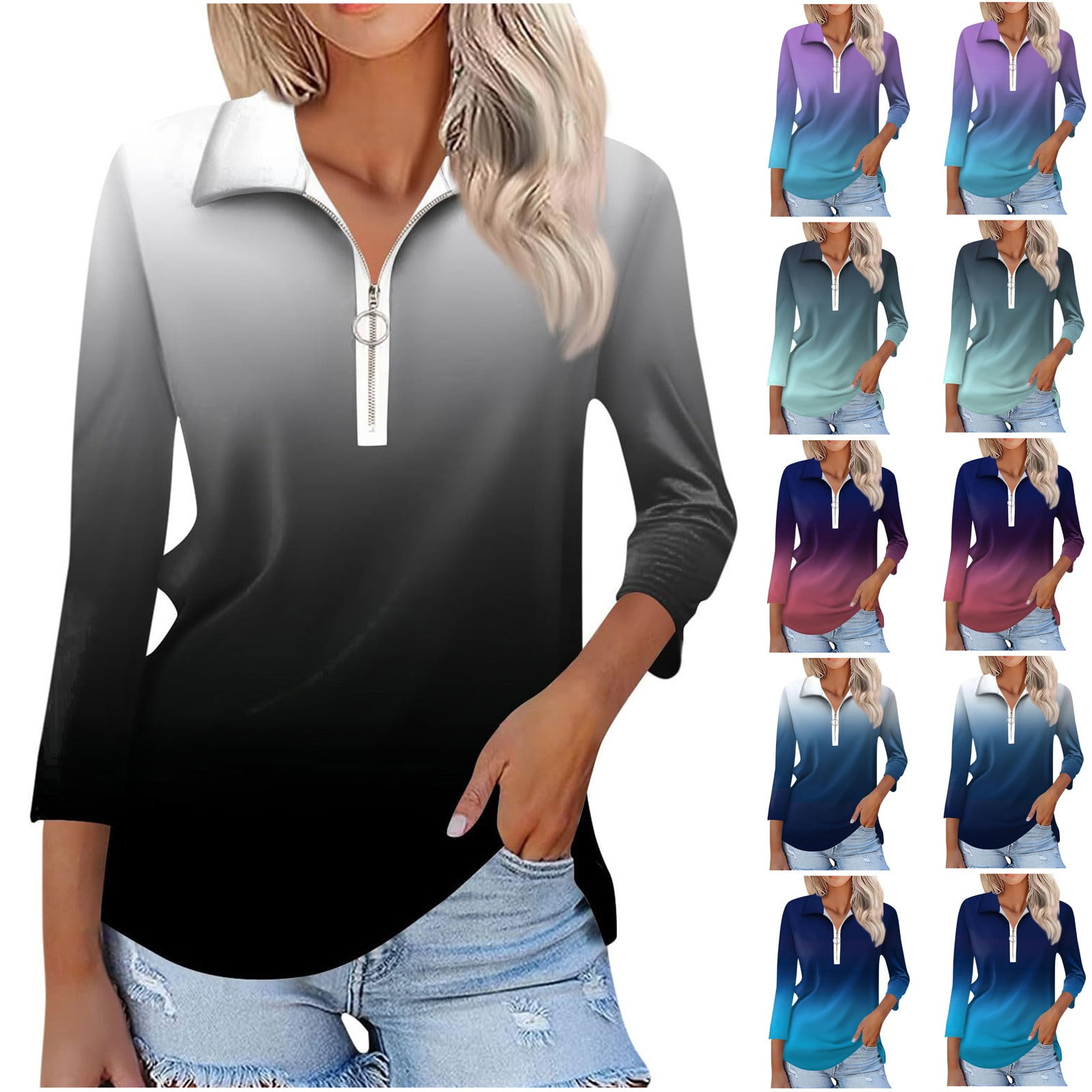 Abtuhar Women 3/4 Sleeve Tops Print Gradient Collar Zip Front Loose Cut ...