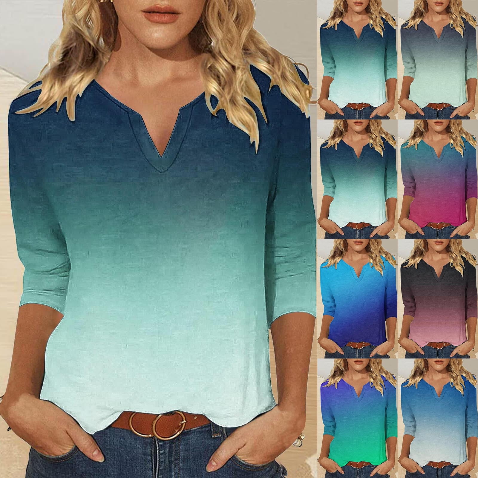Abtuhar Women 3/4 Sleeve Tops Print Gradient V Neck Standard Hem Light ...