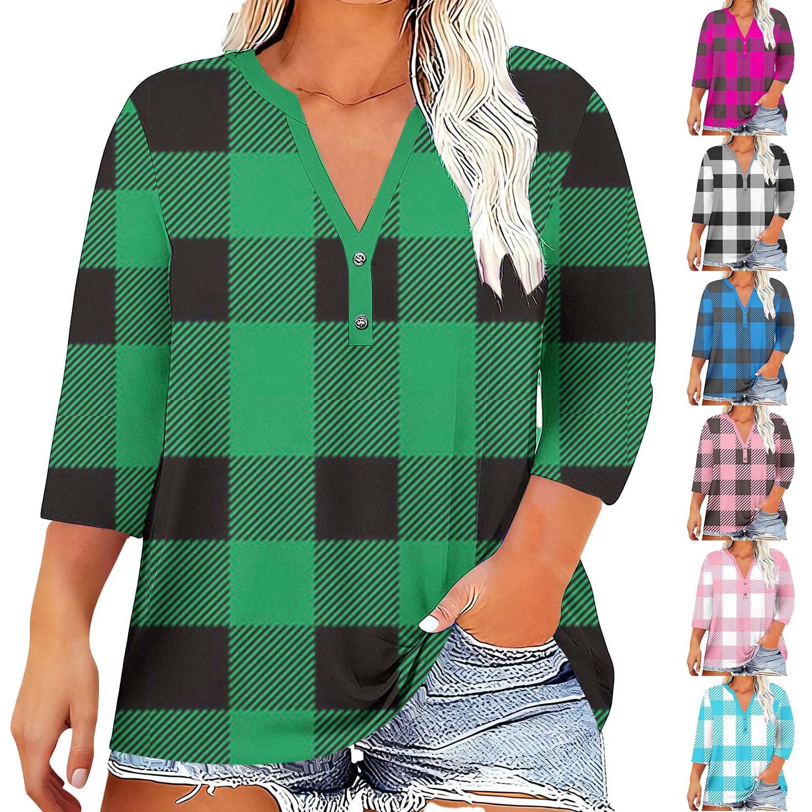Abtuhar Women 3/4 Sleeve Tops Print Plaid V Neck Button Front Plus Size ...