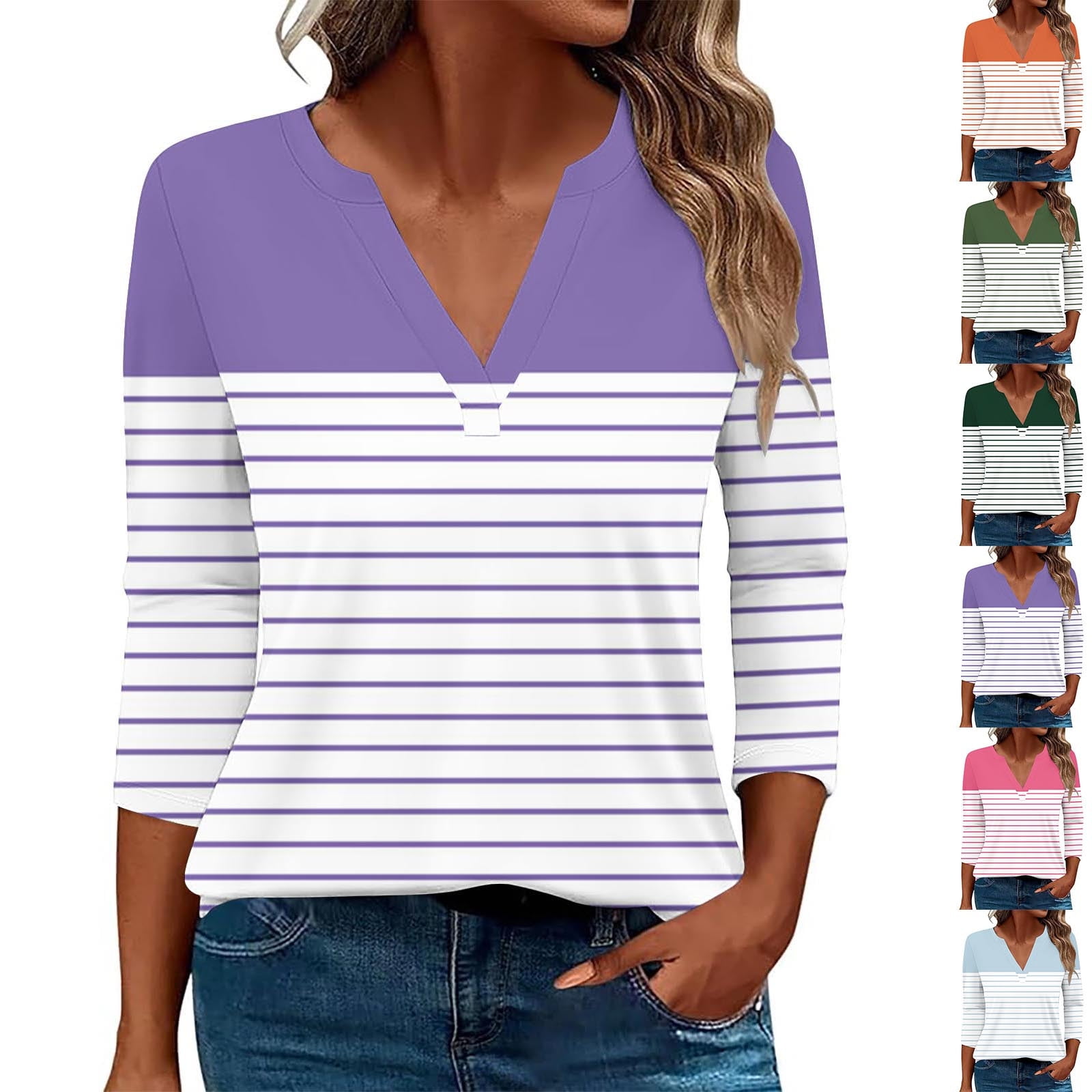 Abtuhar Women 3/4 Sleeve Tops Print Random V Neck Loose Standard Hem ...