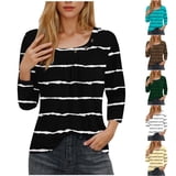 Abtuhar Women 3/4 Sleeve Tops Print Straight Cut Neck Ruffled Hem Soft ...