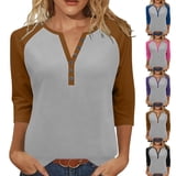 Abtuhar Women 3/4 Sleeve Tops Solid V Neck Button Front Raglan Loose ...