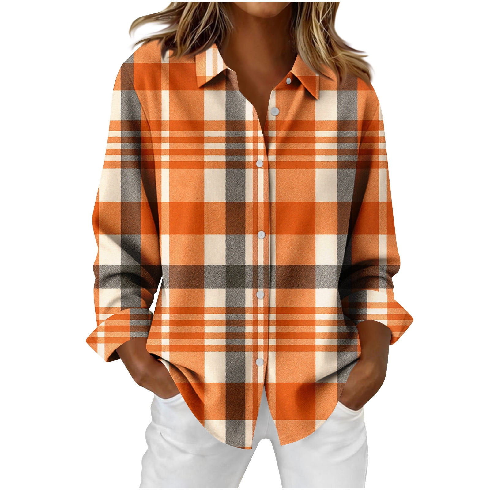 Abtuhar Women Long Sleeve Tops Print Plaid Collar Individual Button ...