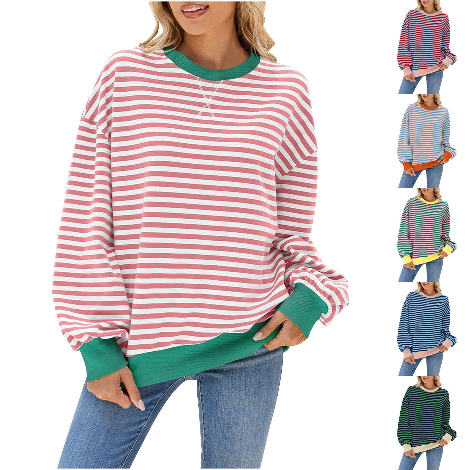 Abtuhar Women Long Sleeve Tops Print Striped Color Panel Round Neck ...