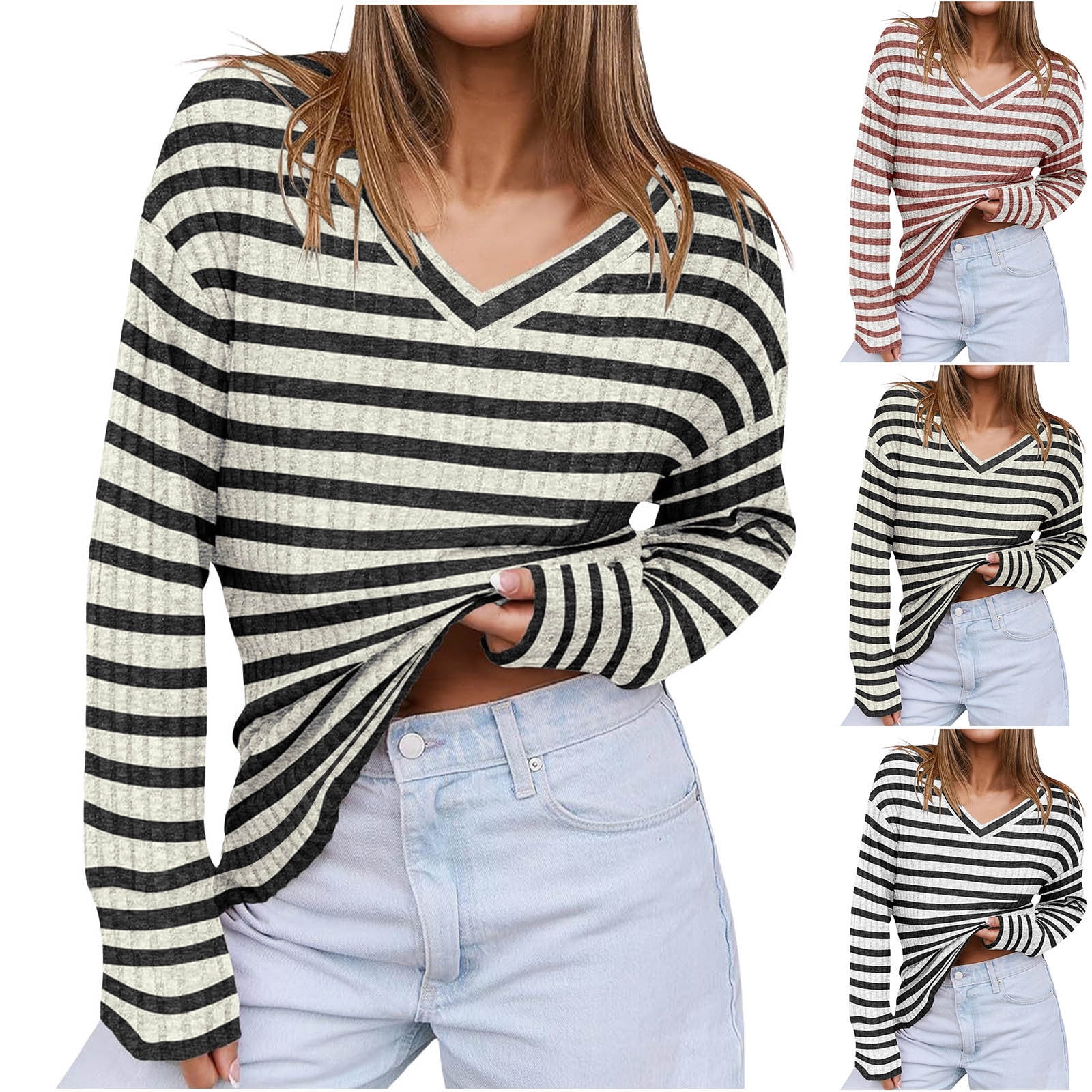 Abtuhar Women Long Sleeve Tops Print Striped Color Panel V Neck ...