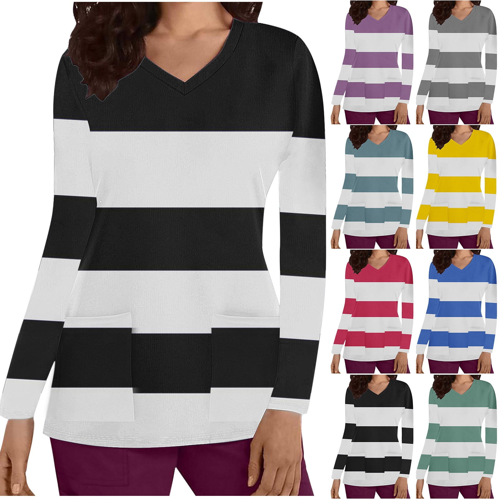 Abtuhar Women Long Sleeve Tops Print Striped V Neck Side Pocket ...