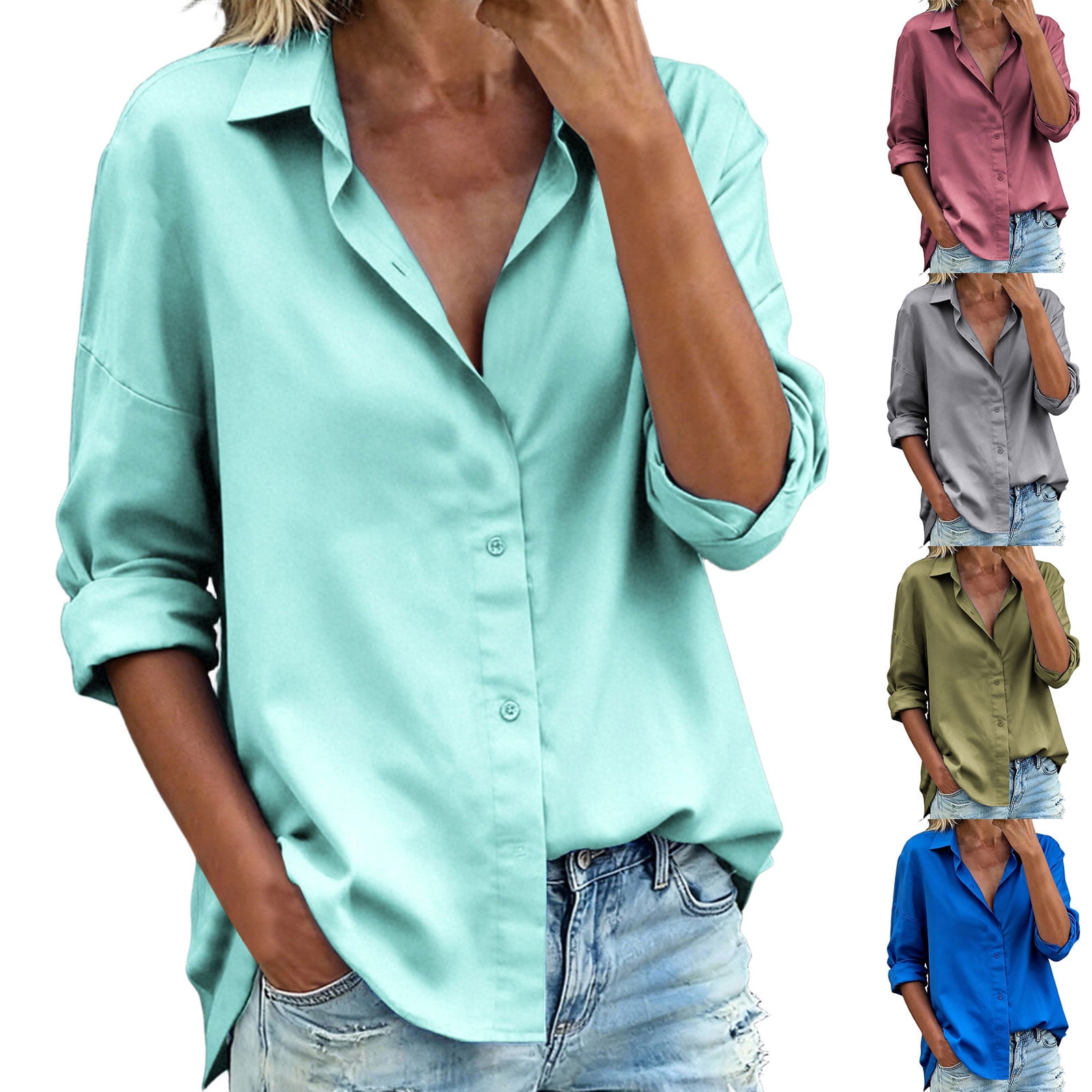 Abtuhar Women Long Sleeve Tops Solid Collar Open Front Loose Standard ...