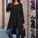 Abtuhar Women Long Sleeve Tops Solid Round Neck Asymmetric Hem Straight ...