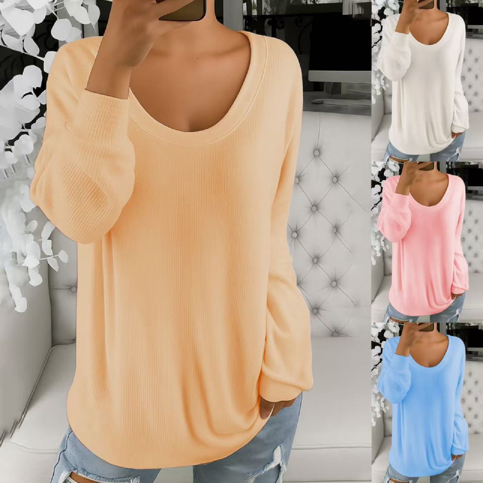 Abtuhar Women Long Sleeve Tops Solid Round Neck Loose Pull Over ...